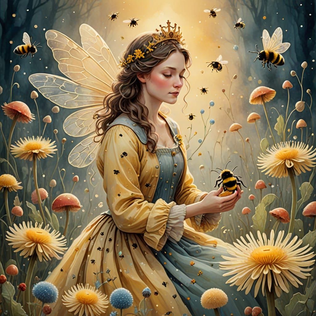 Ethereal Bumblebee Queen Rides Ladybug Chariot Ami... - AI Art