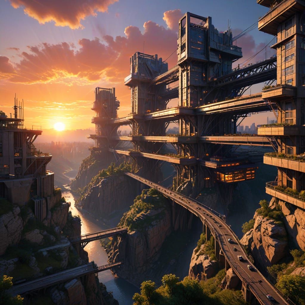Urban megastructure, sunset, solarpunk, ravine