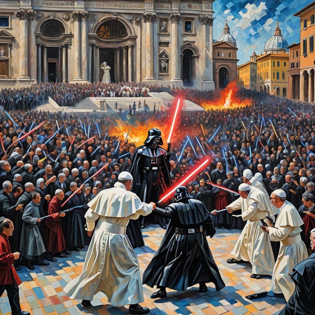 Darth Vader fights with Pope Francis with the lightsabers in front of ...