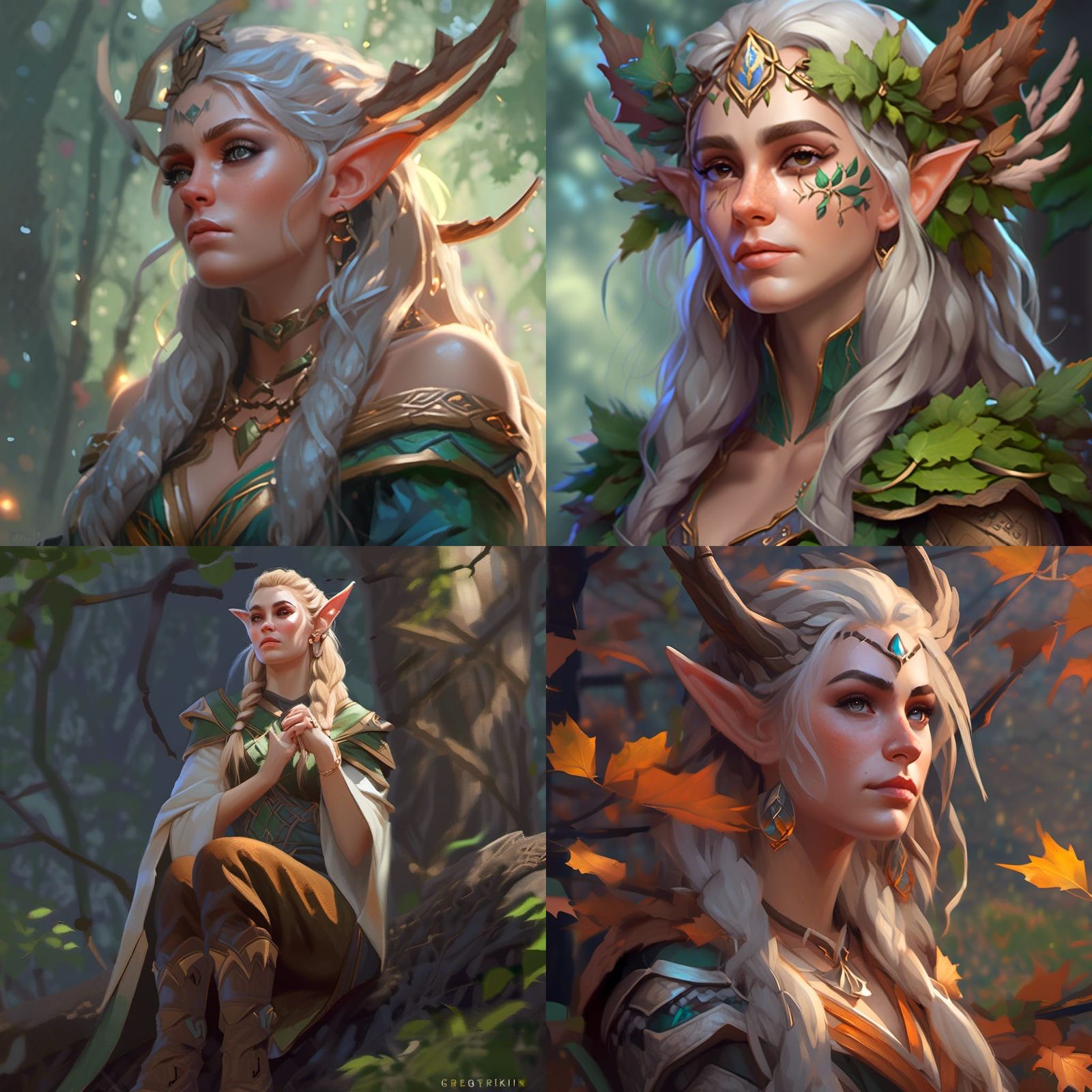 Epic female elf druid,sitting by ake, brown leather, head and shoulders ...
