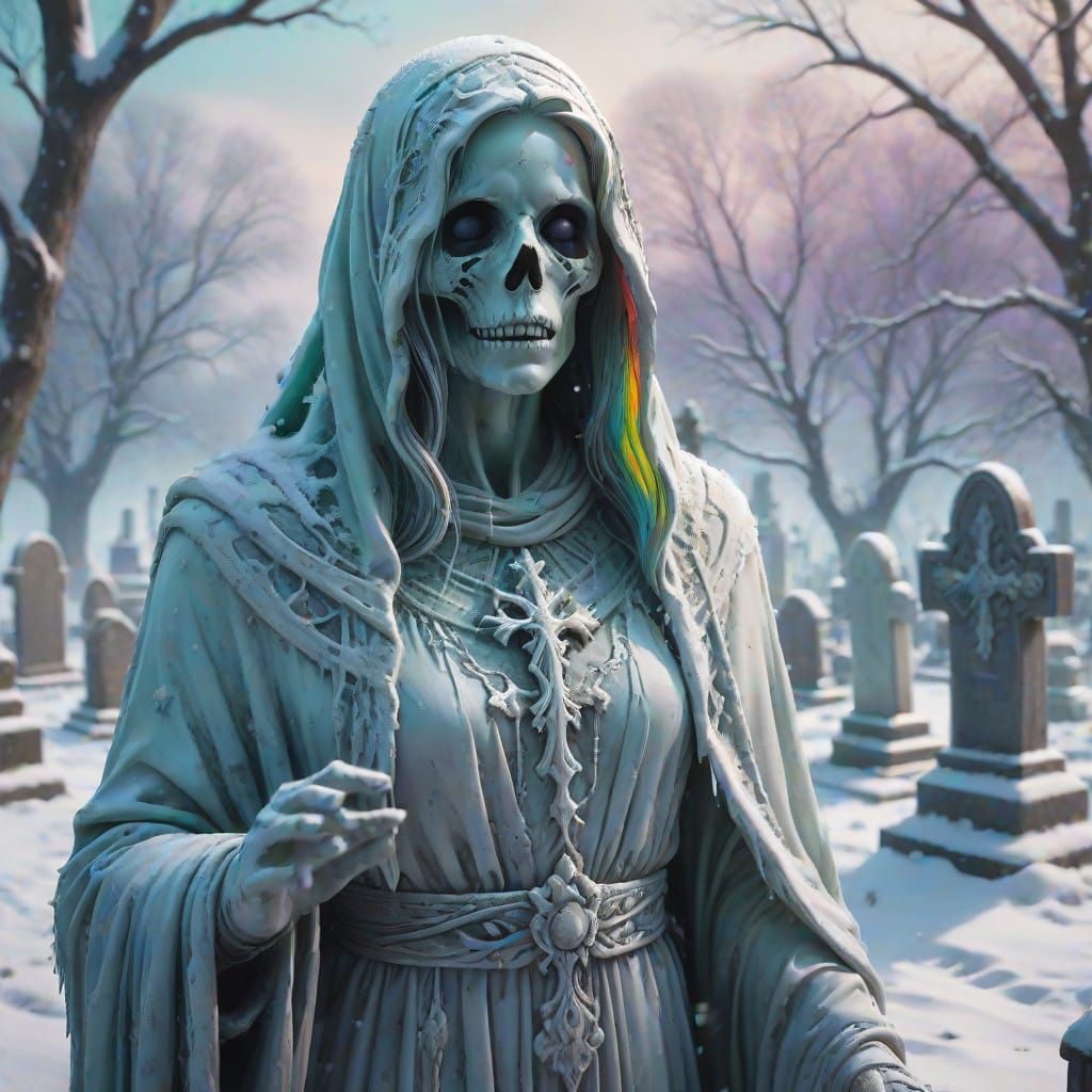 Spectral Spirit Rides the Snowy Cemetery in Hyperr... - AI Art