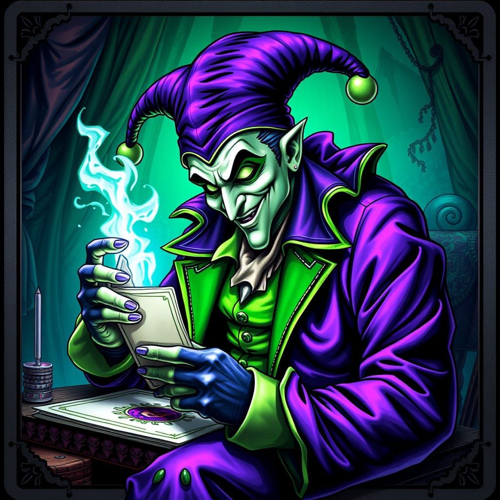 Realistic Magic Card of a Jester in Vibrant Purple... - AI Art