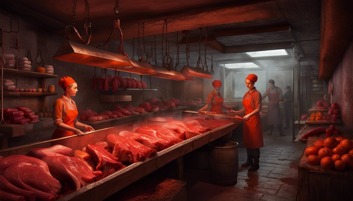 Cozy Underground butchery store with female butchers, gray + warm red ...