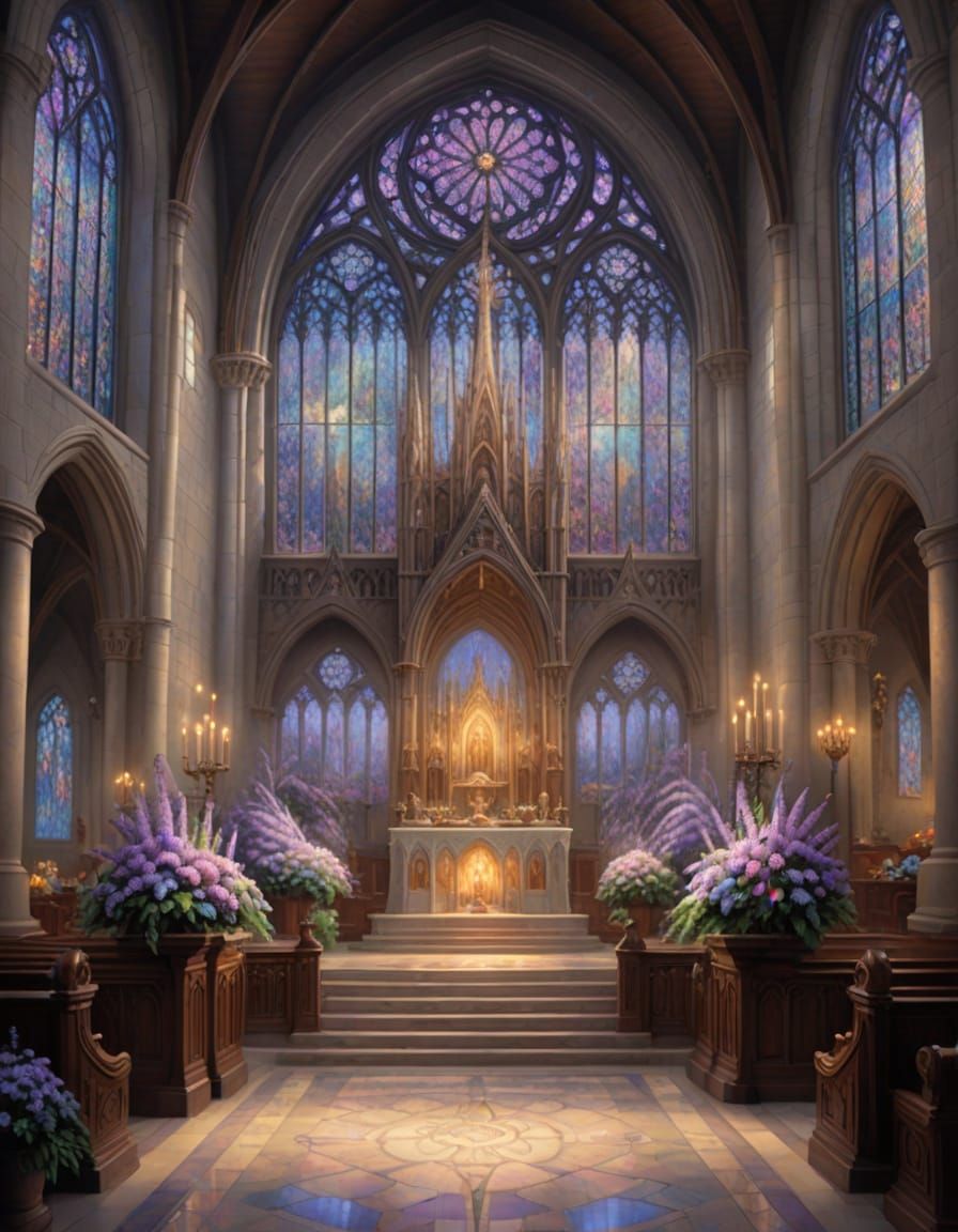 Cathedral altars within an interior scene adorned with stained glass Windows and lt. purple ...