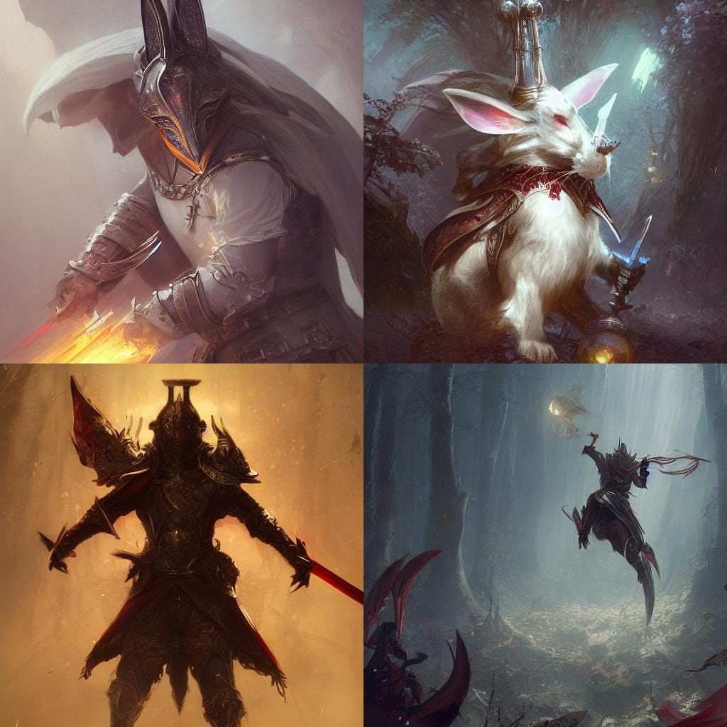 white rabbit with red eyes wears armor and wields a great sword. - AI ...