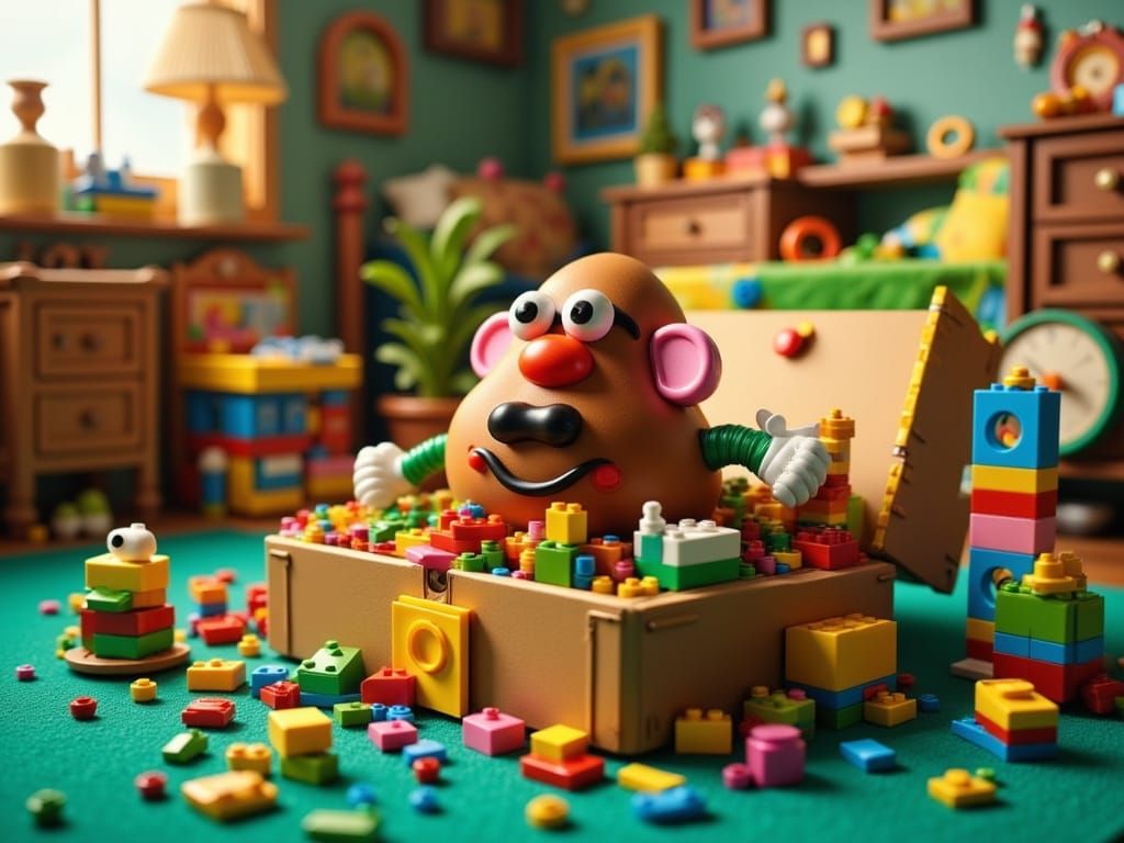 Colorful Lego Mr Potato Head on Toy Box in Cozy Be... - AI Art