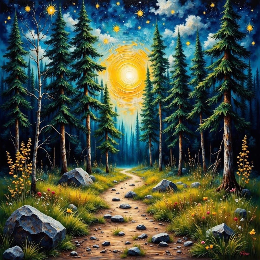 Abstract pathway in the forest in Van Gogh style