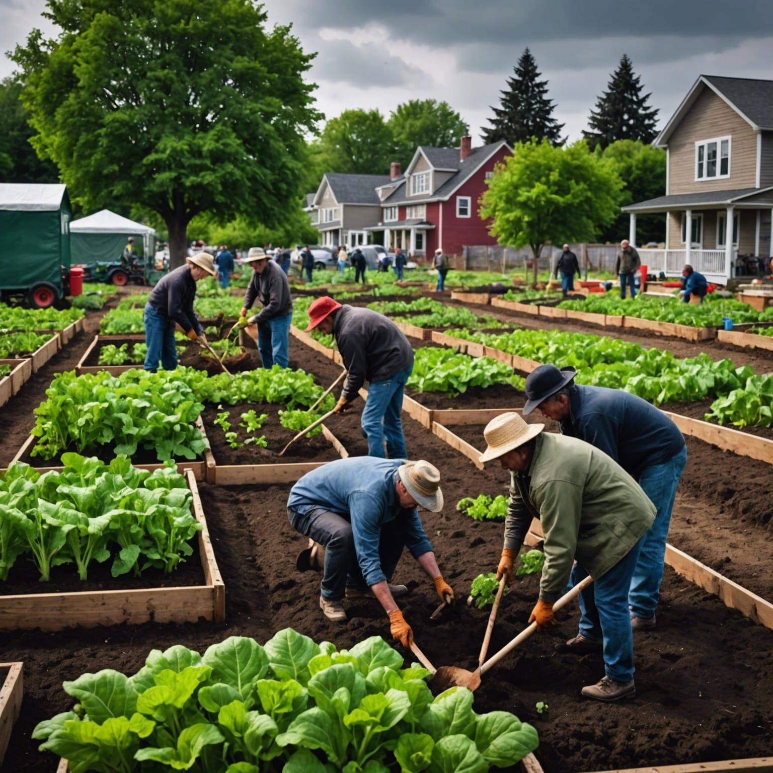 all people working together planting a vegetable garden intricate ...