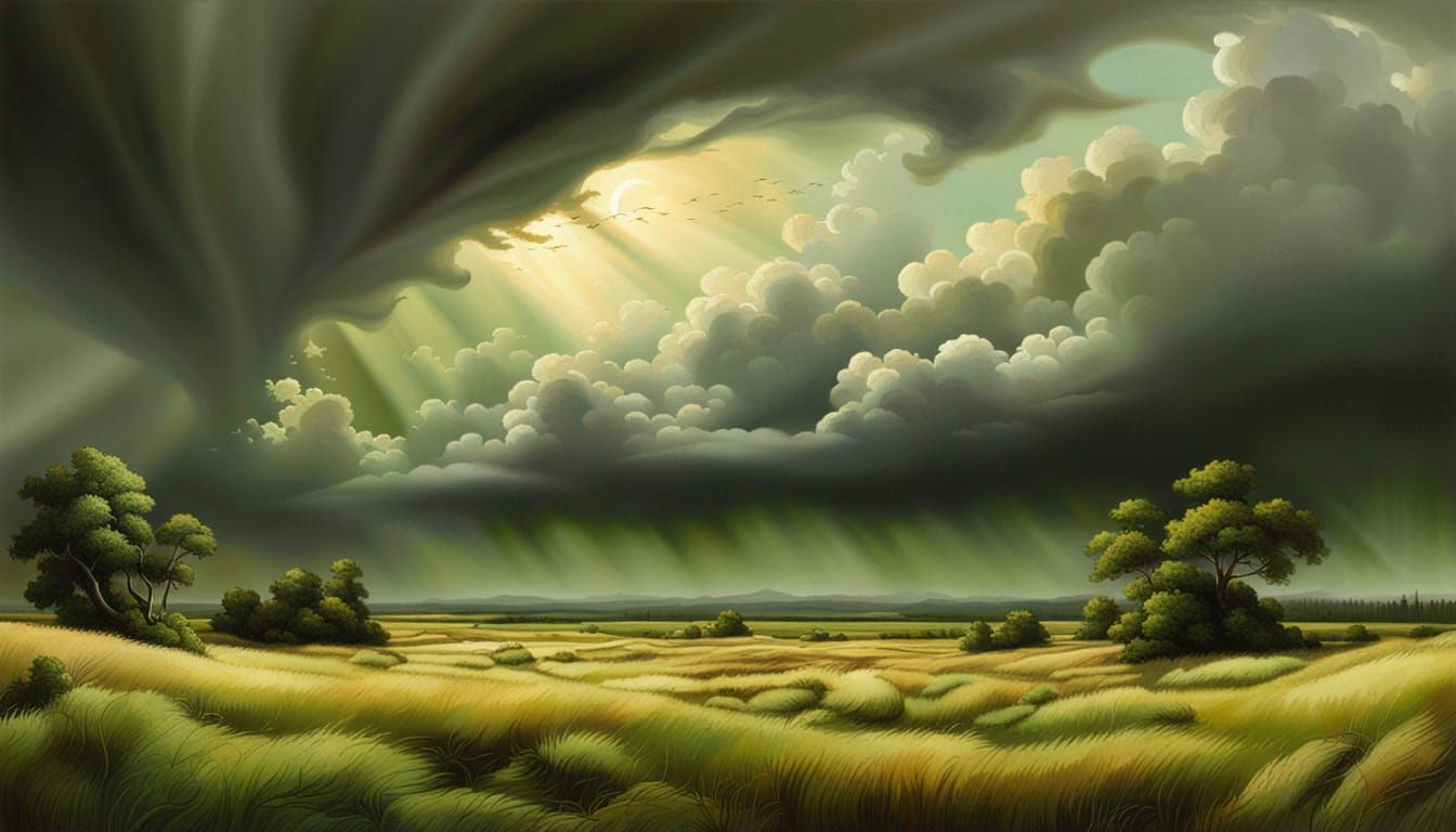 A beautifully rendered landscape of a verdant prairie with green and ...