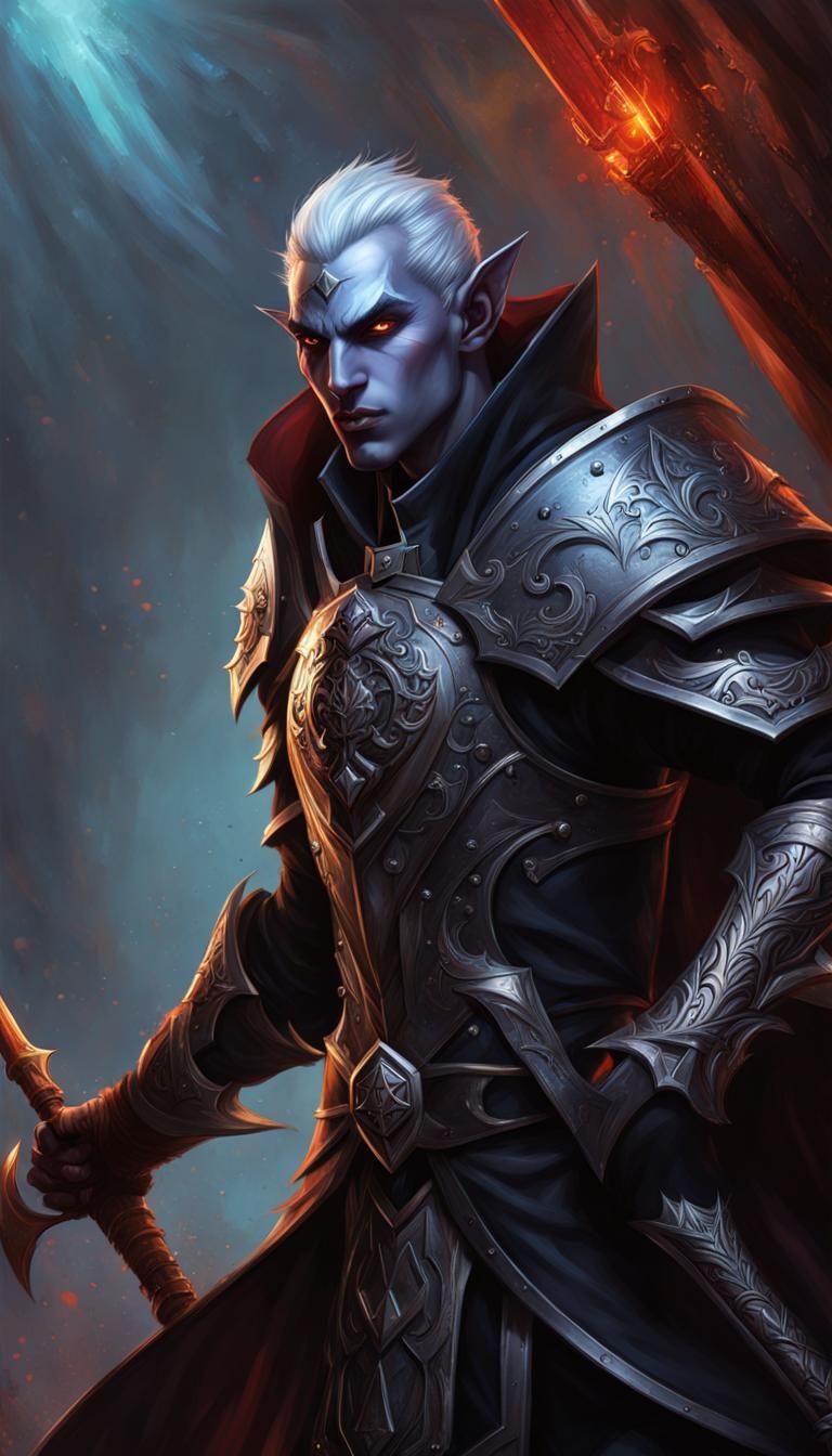 Male, Drow elf, vampire, cleric, shield, mask, helm, mace ...