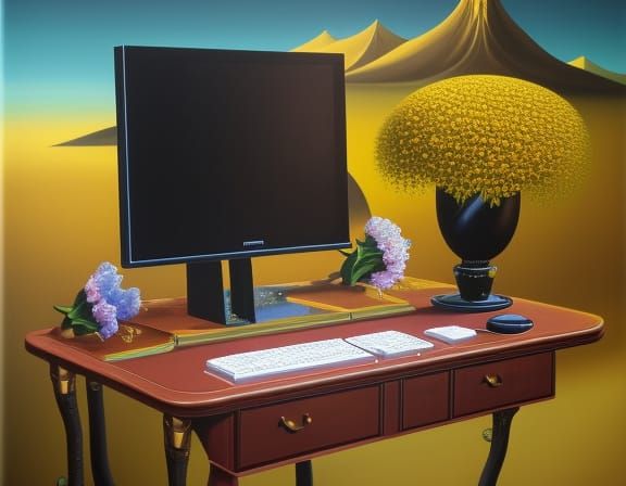 Computer on a desk with flowers growing out of it, pop surrealism by ...