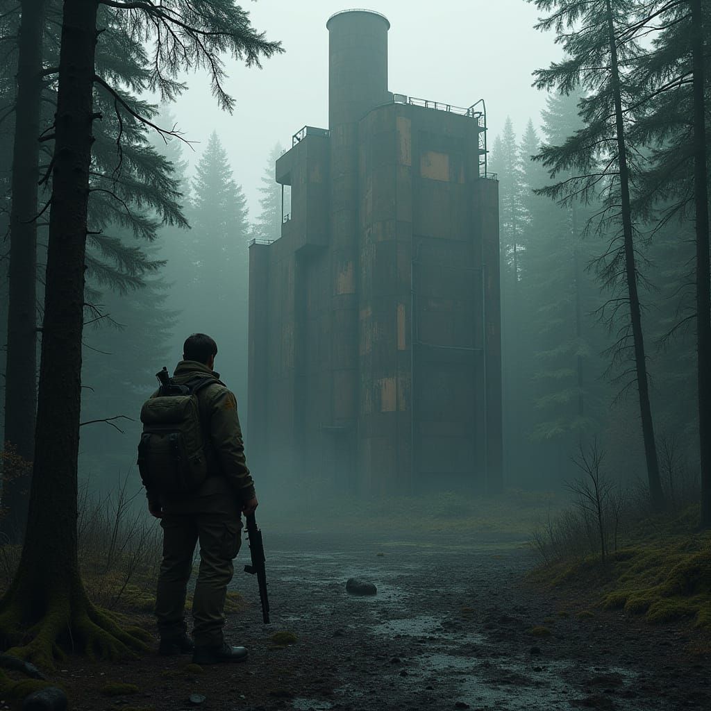 Dystopian Factory in Dark Forest, Gritty Realism - AI Art