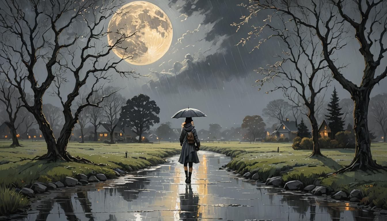 Rainy Day Scenes Create an ornately detailed image of a silver-hued ...