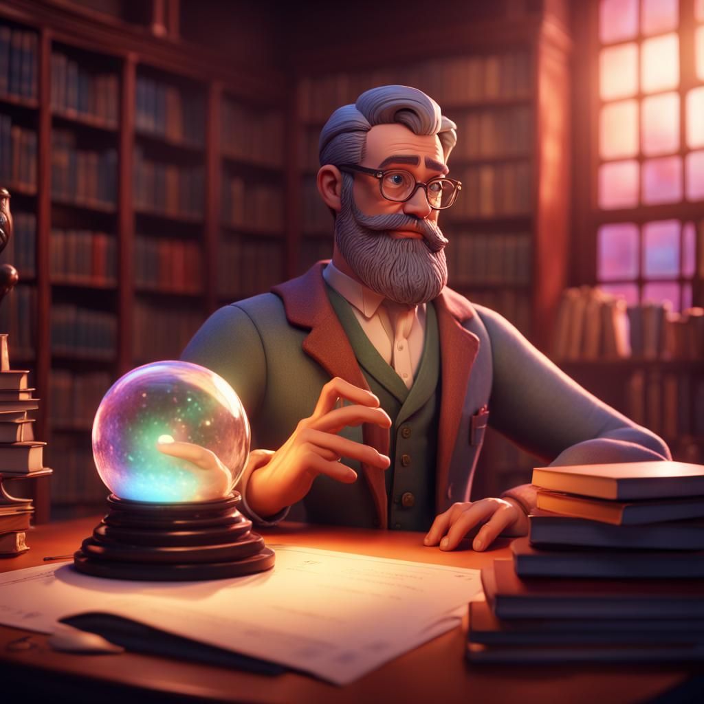 bearded male librarian with glasses looking into crystal ball to make ...