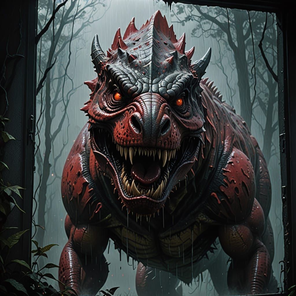 Menacing T-Rex in Crimson Red with Razor-Sharp Tee... - AI Art