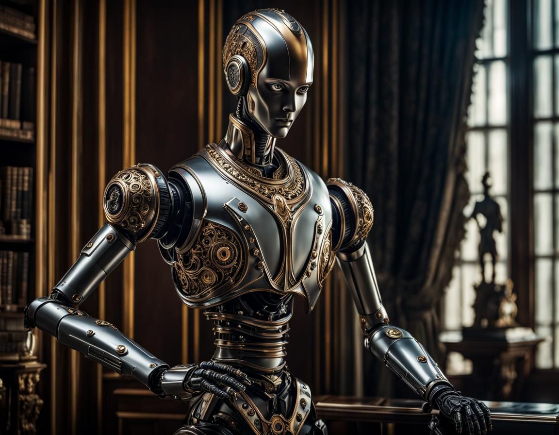 Robot butler, slender graceful body, delicate and elegant appearance ...