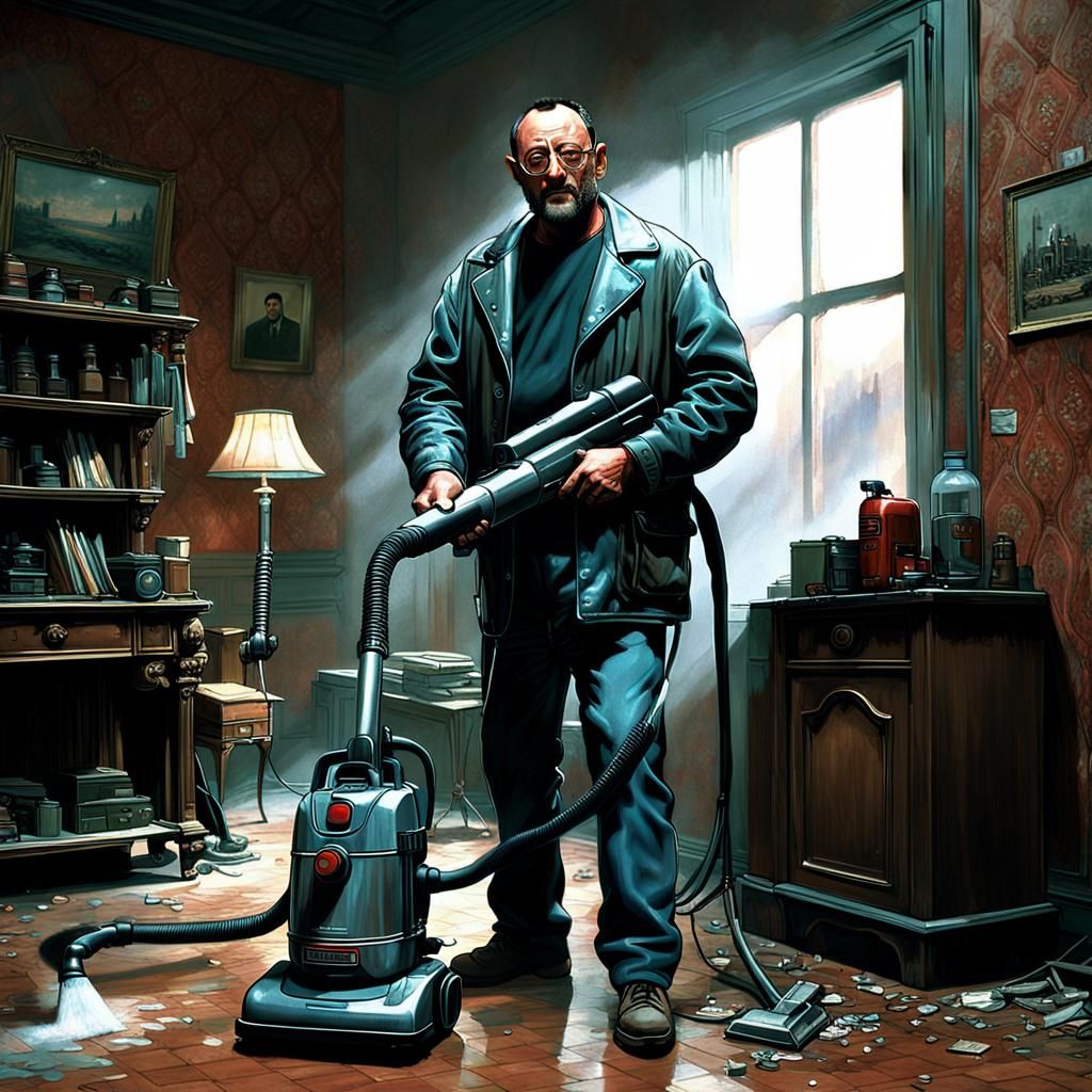 Jean Reno holding a vacuum cleaner like it was a machine gun , Jean ...