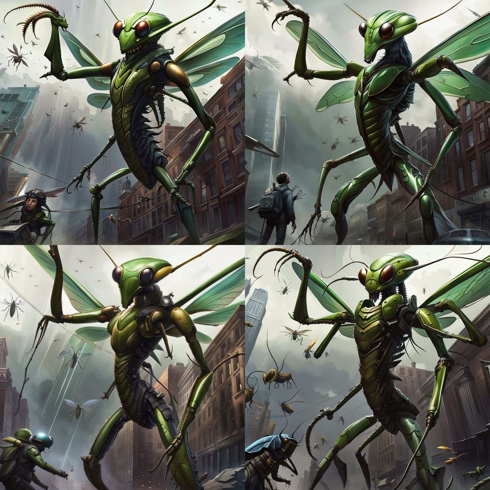 Praying Mantis monster with wings, swarming with insects, shot from ...