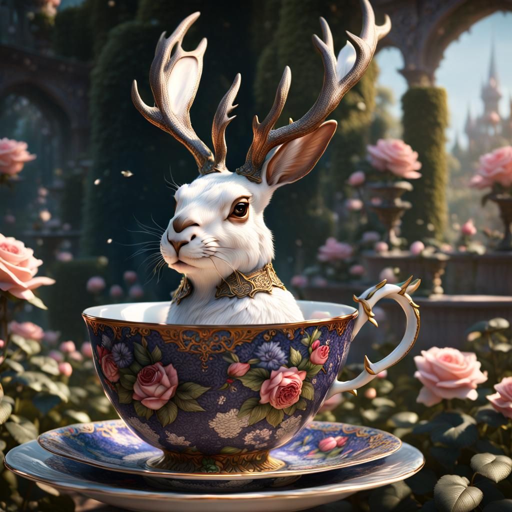 Jackalope sitting in a teacup in a rose garden - AI Generated Artwork ...