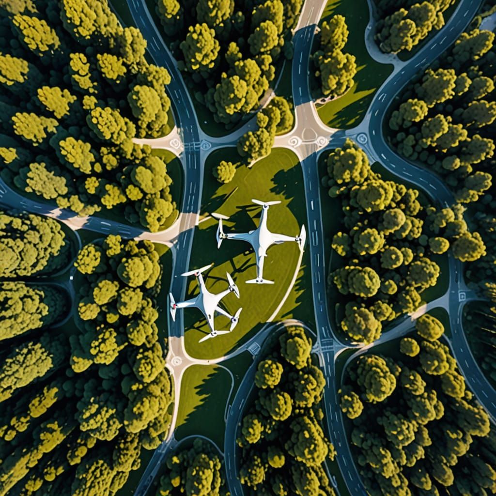 Drones Dance Over City Parkscapes in Wavy Formatio... - AI Art