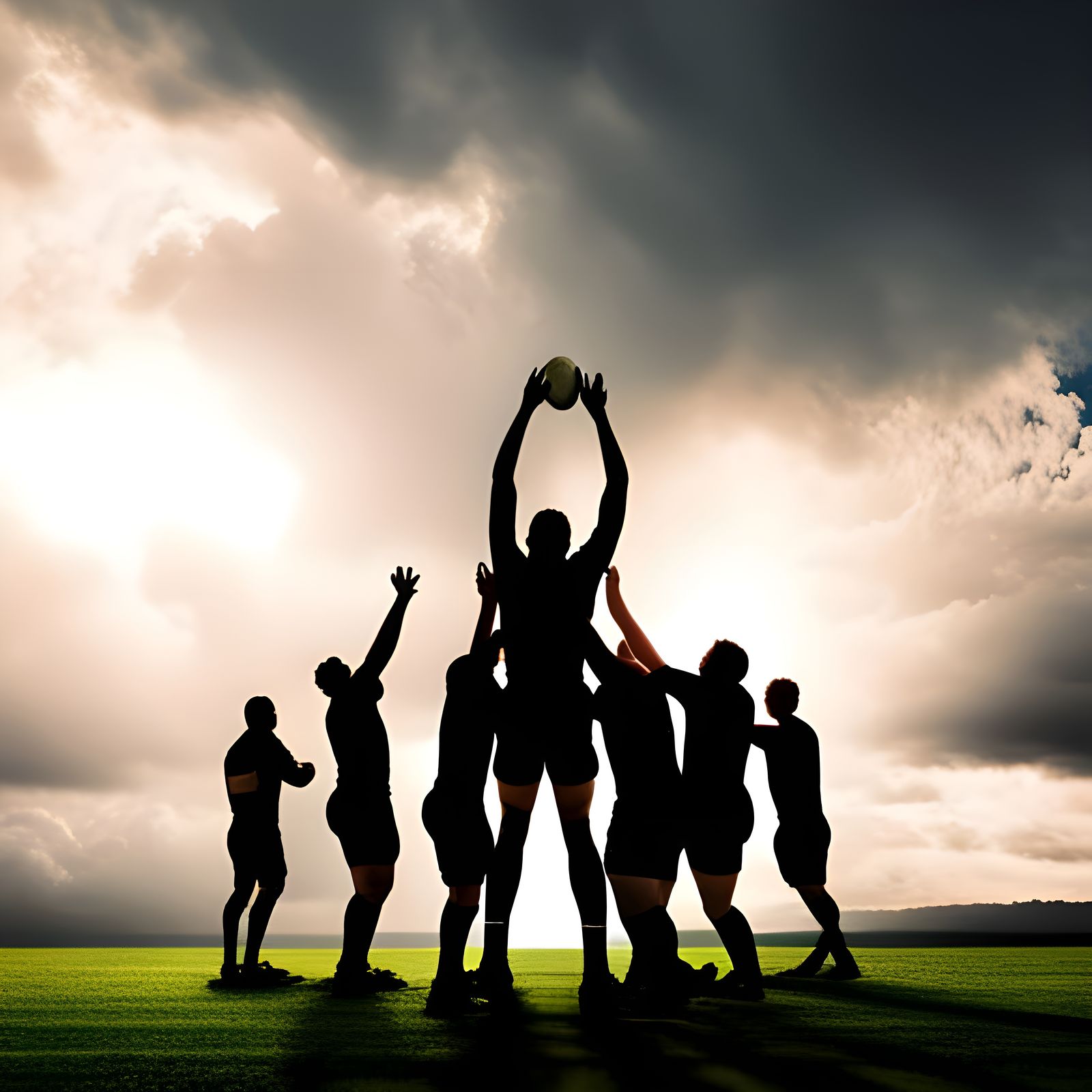 men at a rugby union line-out going for a ball with stormy dark sky as ...