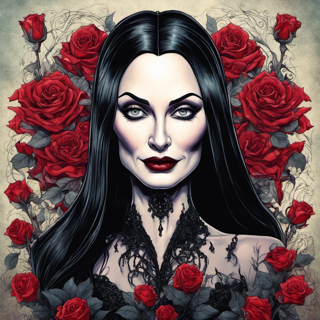 An Ink Illustration Of Morticia Addams Surrounded By Red Roses Vivid Deep Colors Cel Shaded