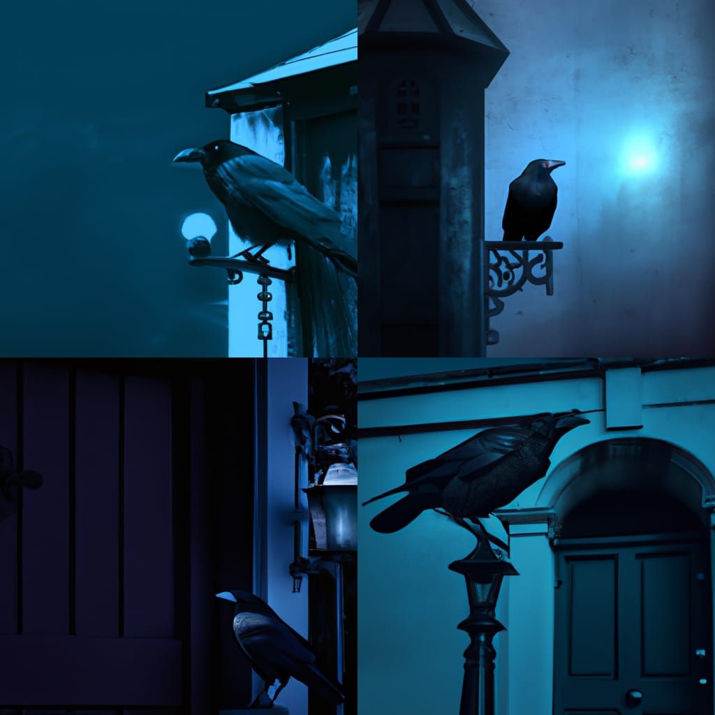 raven perched on a rusted door lantern outside a dark ominous house ...