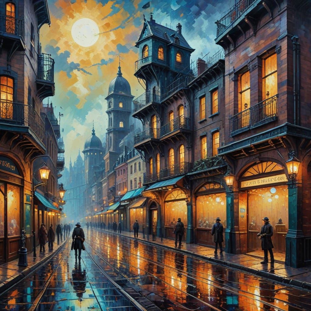 a very surreal steam punk city. neo-impressionism expressionist style ...