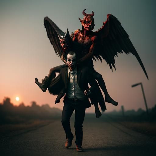 Demon escaping from hell carrying a dead angel - AI Generated Artwork - NightCafe Creator