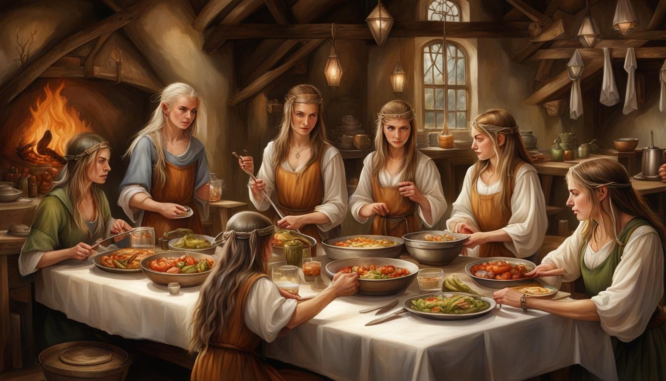 A group of beautiful hobbit girls preparing a huge banquet at the ...
