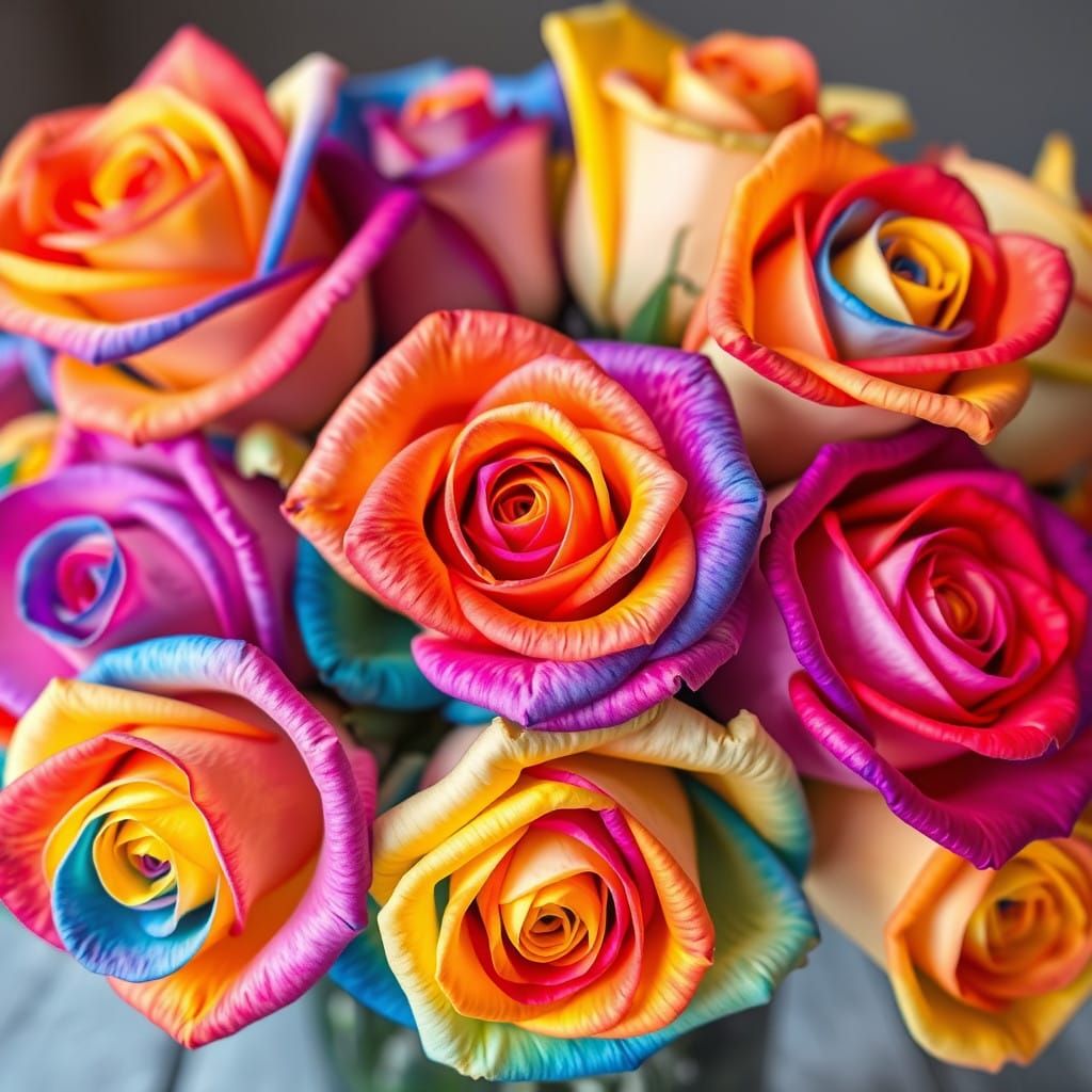 rainbow colored roses - Vibrant Rainbow Roses in Full Bloom