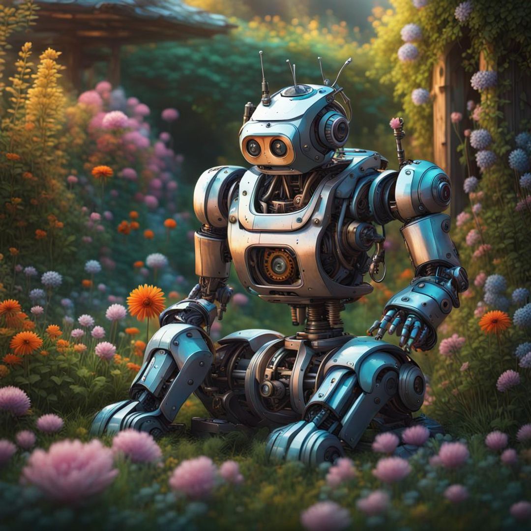 "Extremely detailed, a cute mechanical robot sitting with his ...