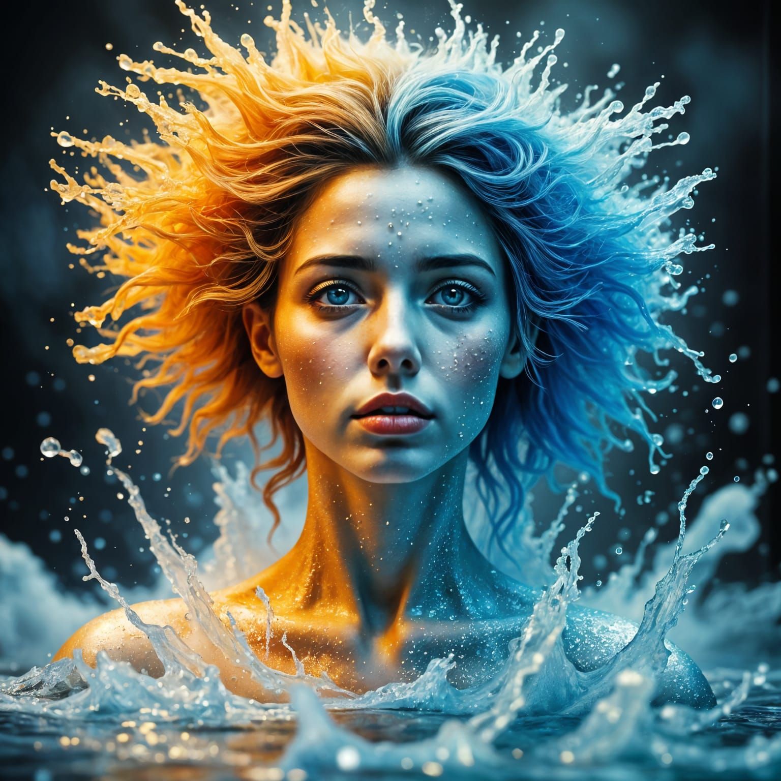 Blue & Gold Haired Woman - Vibrant Windswept Goddess in Gold...