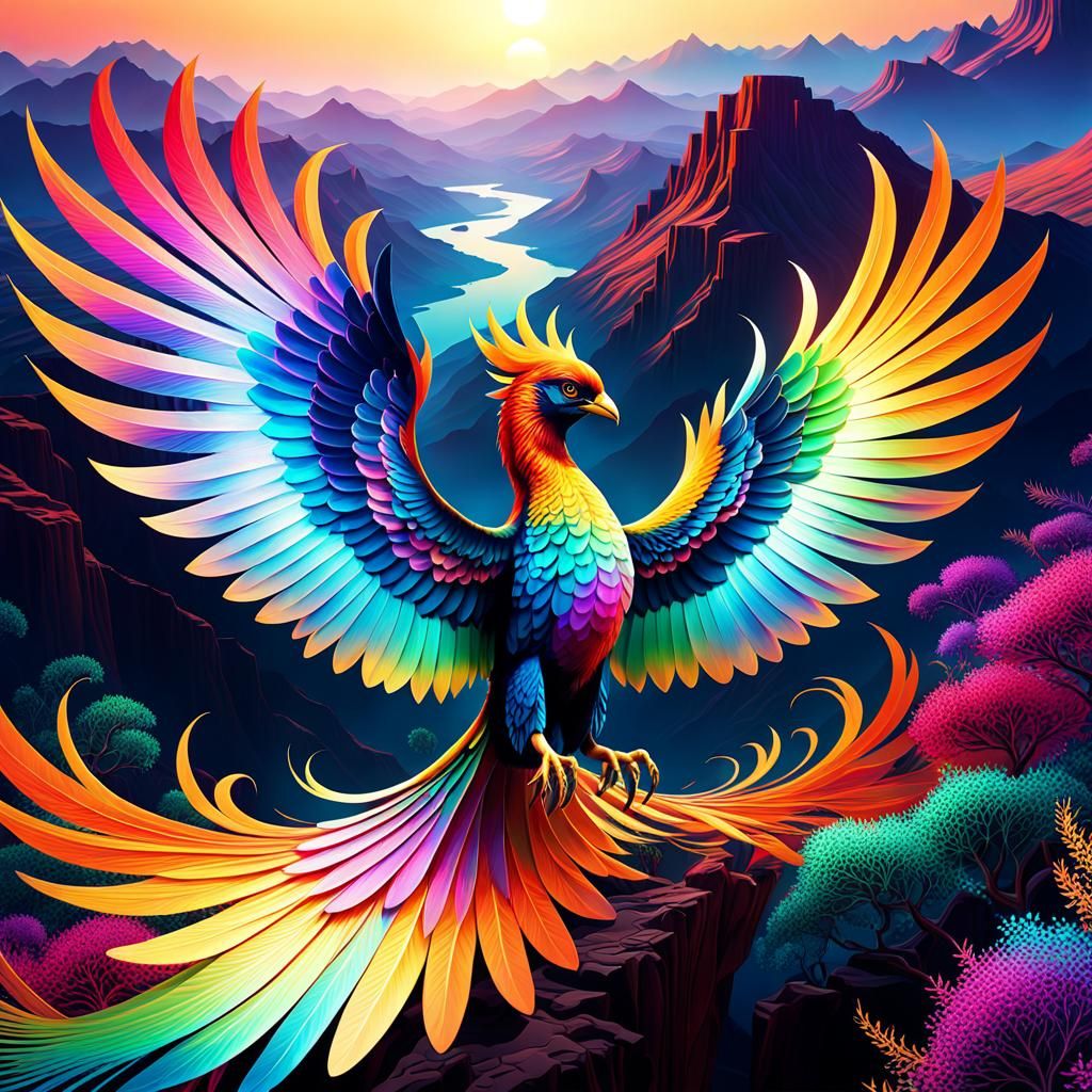 Multicolored phoenix in a epic landscape - AI Generated Artwork ...