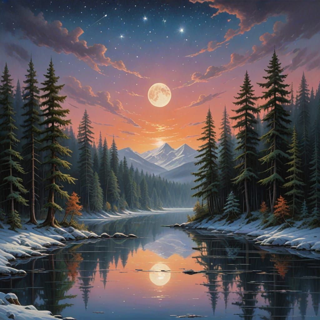 starry sky and a full moon, - Serenely Reflecting Starry Ni...