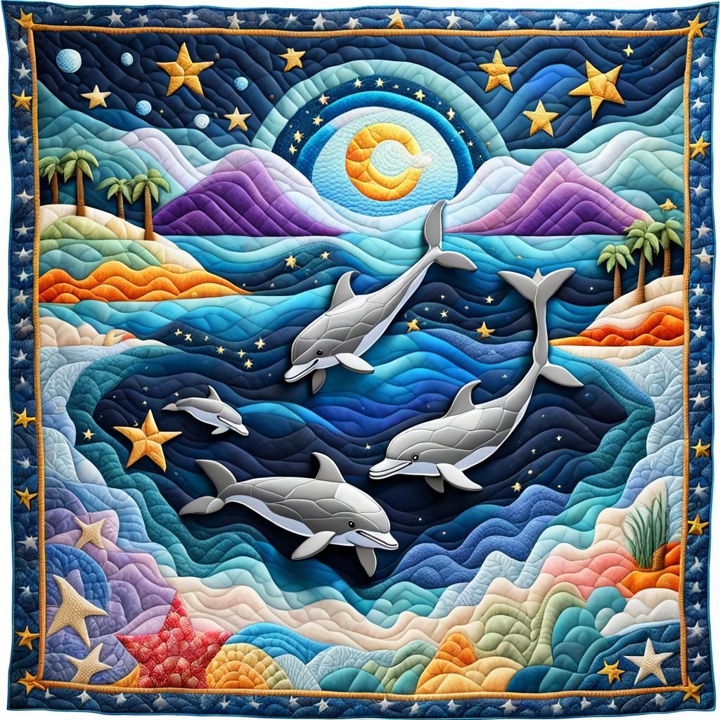 on a patchwork quilt 3D illustration with seascapes in a quilted ...