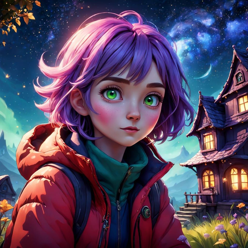 Enchanting Witch on the Roof under the Starry Nigh... - AI Art