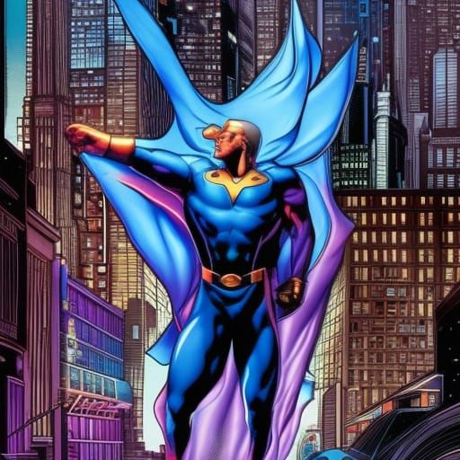 a superhero with a shiny blue costum stands in a city - AI Generated ...