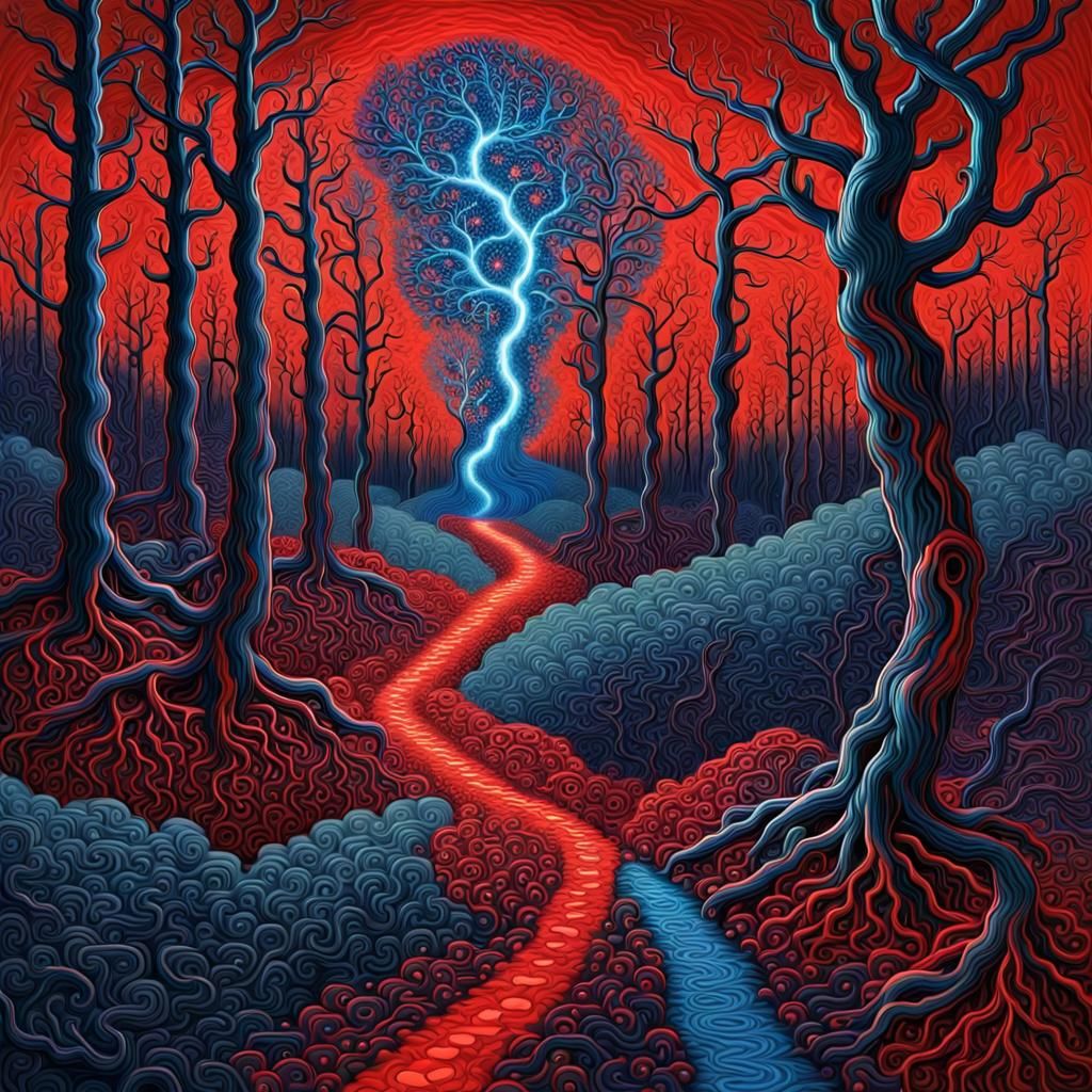 Dystopian nightmare of the mind. Old liquid metal forest landscape ...