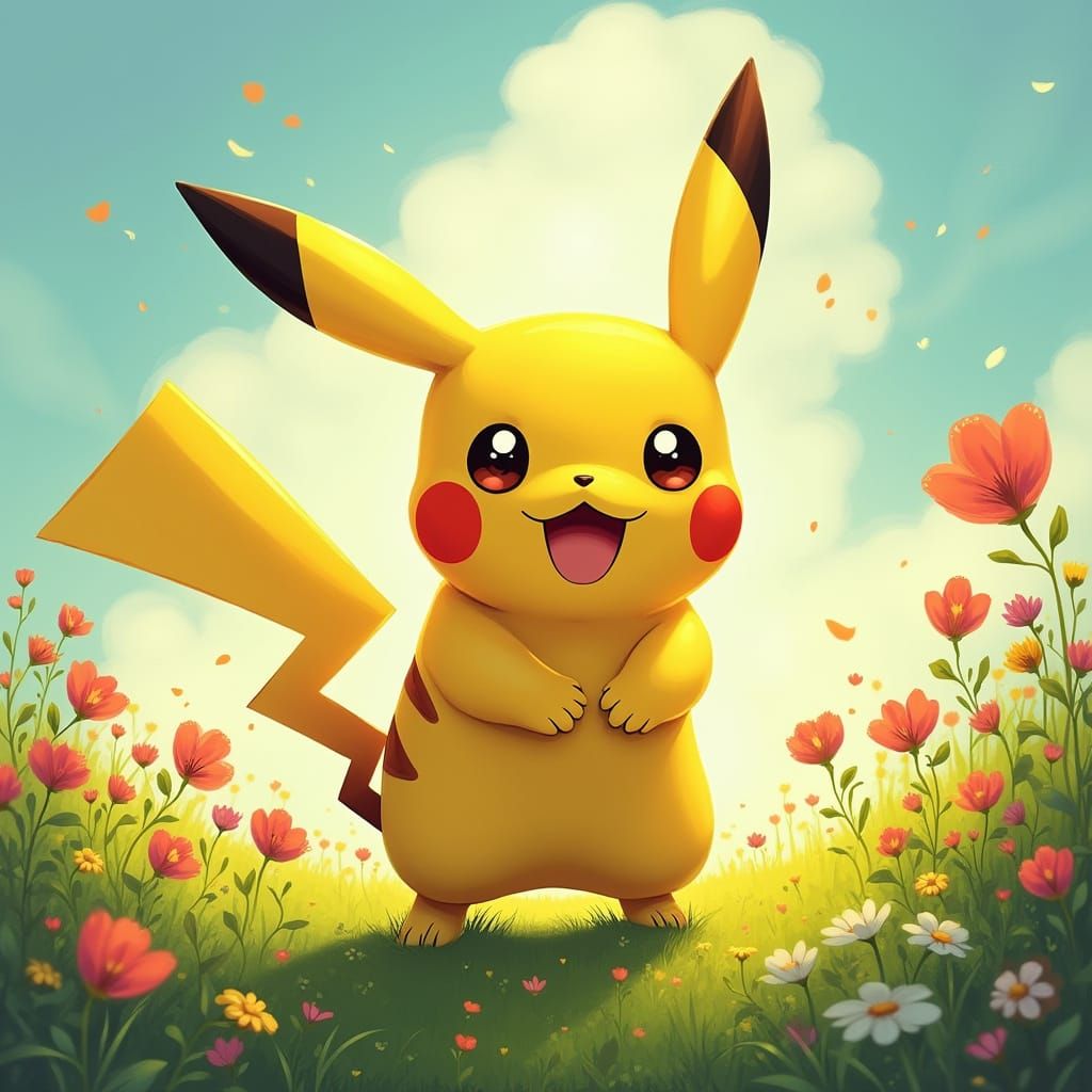 Vibrant Pikachu Hero in a Whimsical Meadow Landsca... - AI Art