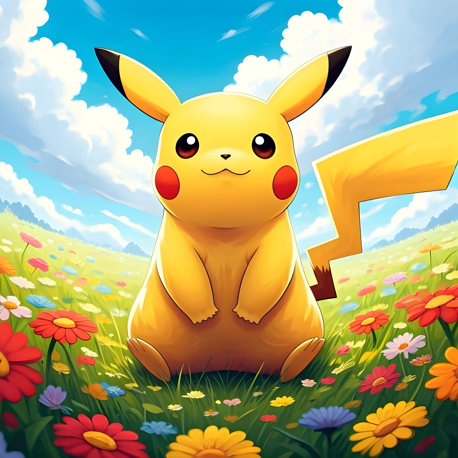 Pikachu in a Flower Field - Pikachu in a Flower Field