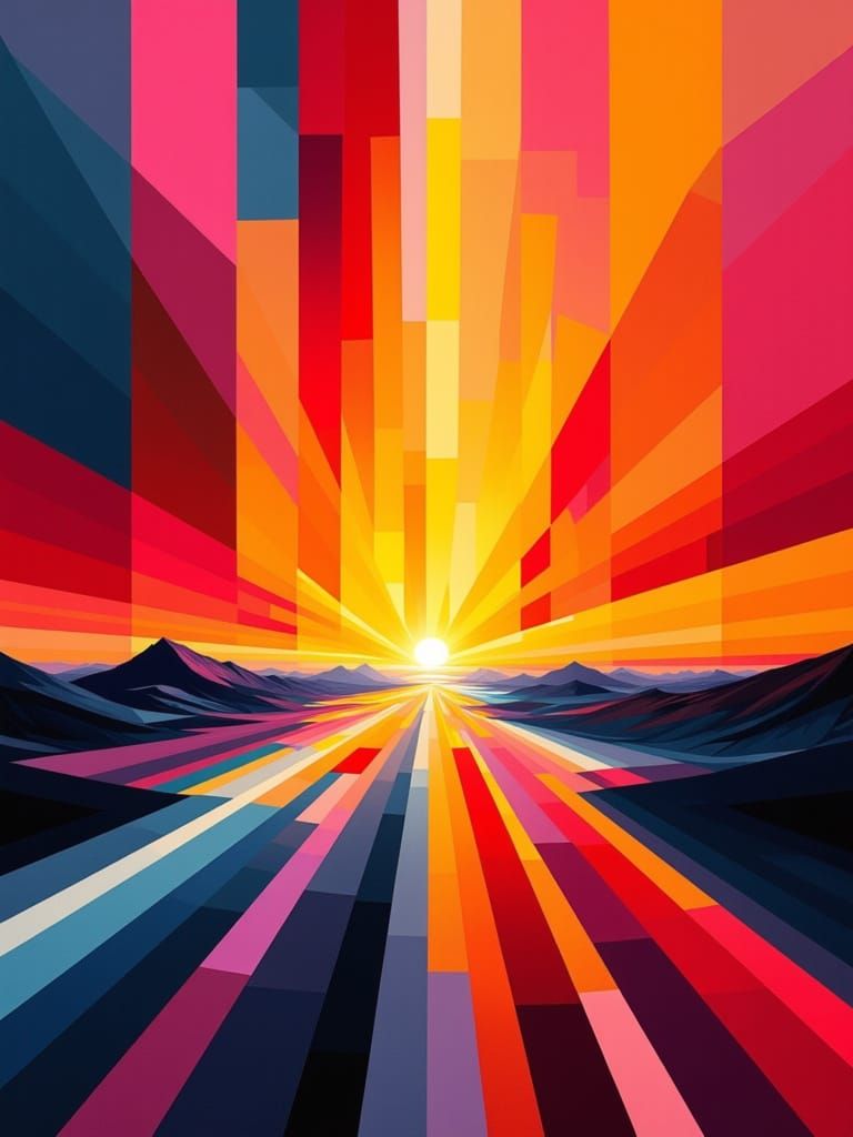 Surreal Geometric Sunset Unfolds Within Mind - AI Art