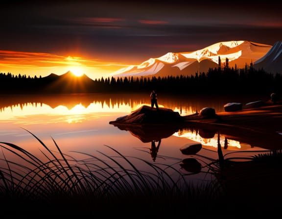 Beautiful landscape, sunset, mirroring in lake, unreal engine 5 ...