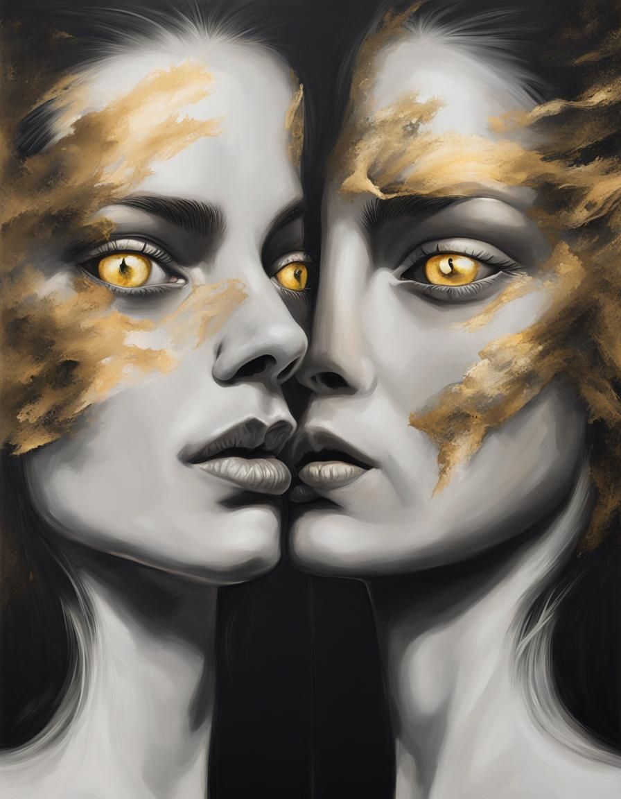 three faced woman created in negative space,golden glowing eyes ...