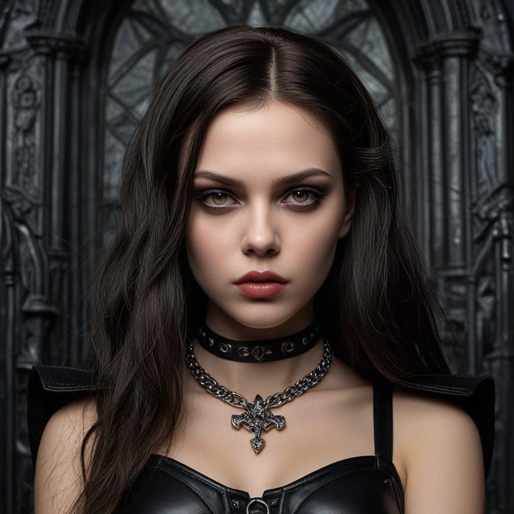 Realistic Gothic-child, long, dark brown hair that falls in loose waves ...