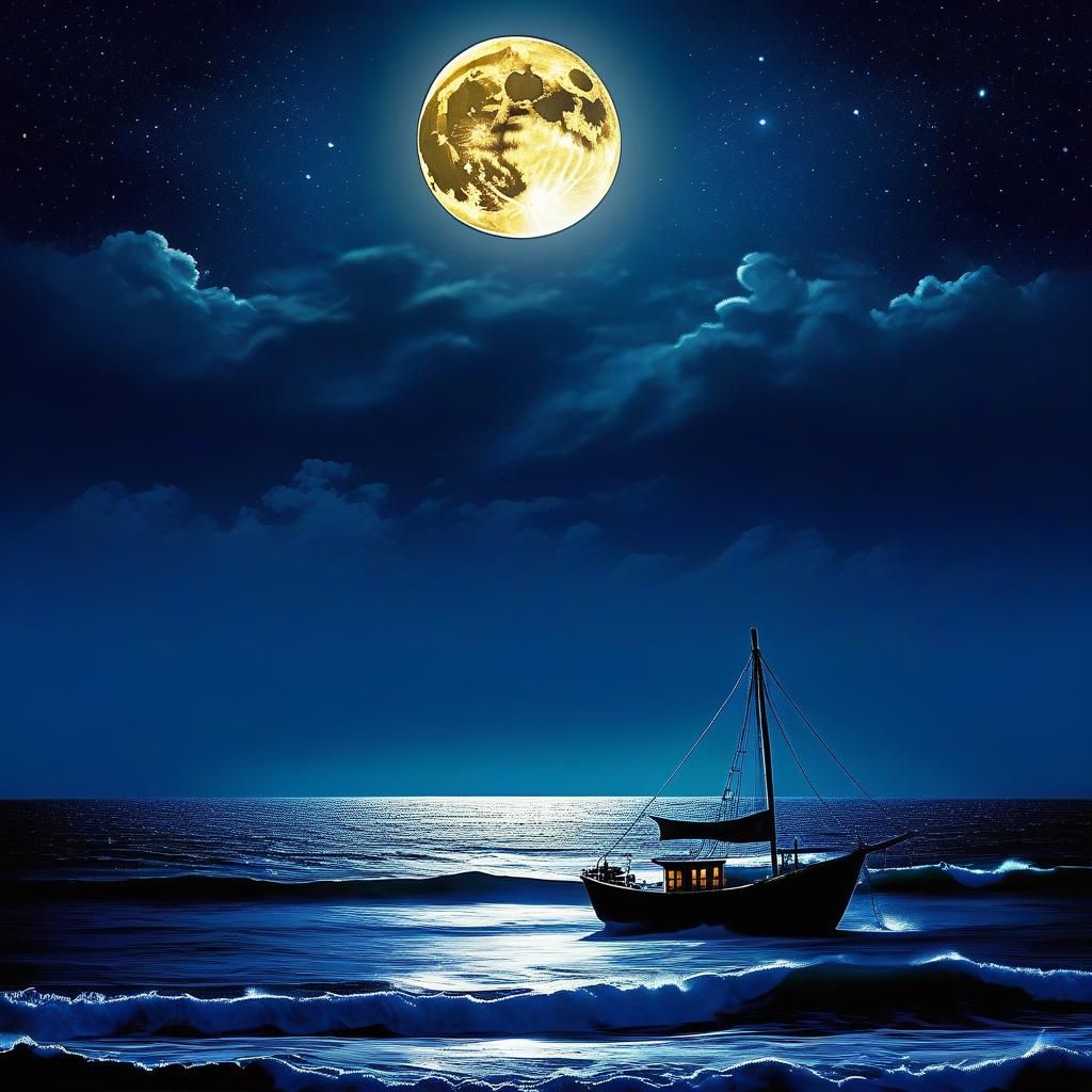 A Boat is sailing in the ocean on a full-moon night, ocean waves are ...