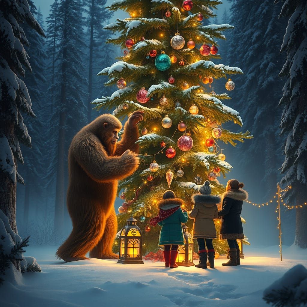 Sasquatch Christmas Tree Decorating in Enchanted F... - AI Art