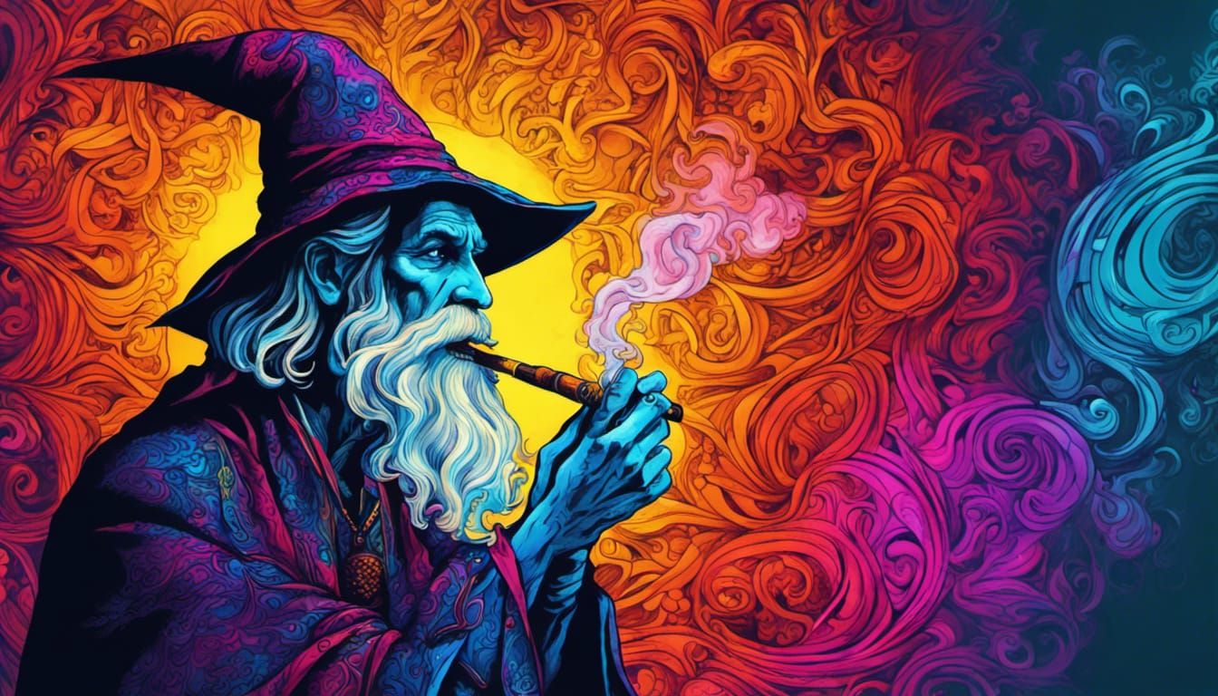 a psychedelic hand-drawn high detail fantasy wizard smoking a ...