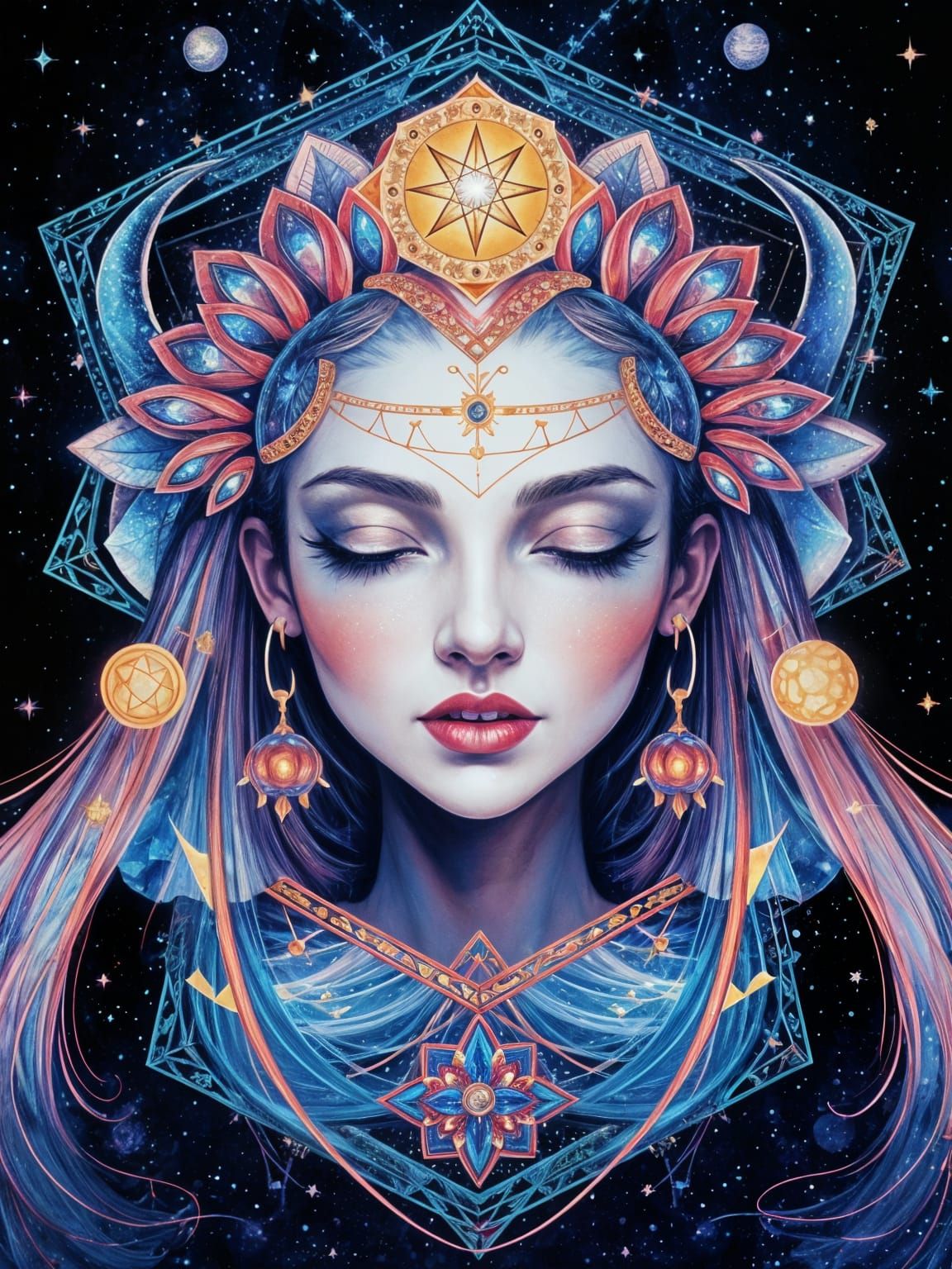 Geometric Abstract Angelic Goddess Portrait - AI Art