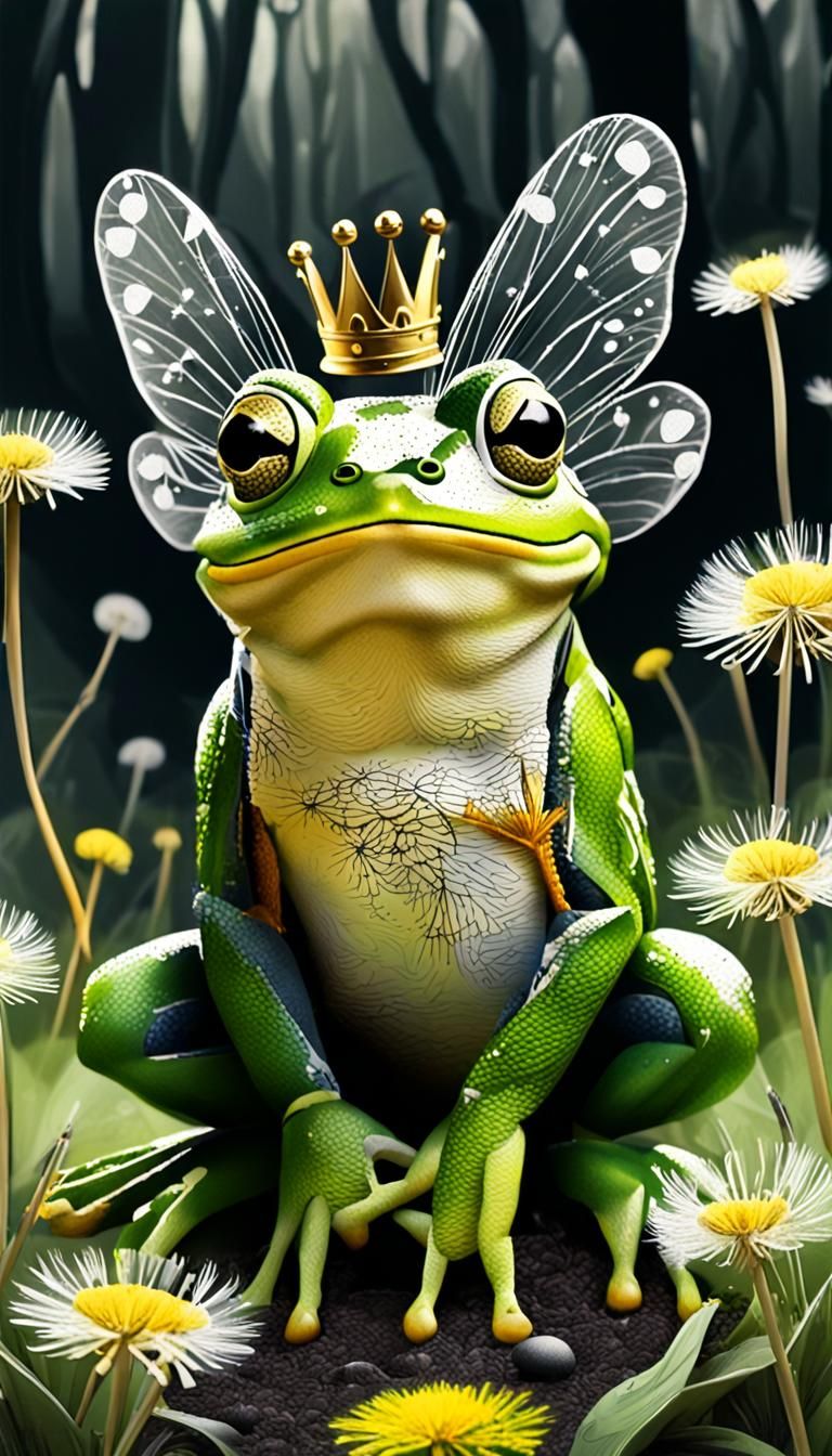 A vivid representation of a joyful green crowned frog prince with fairy ...